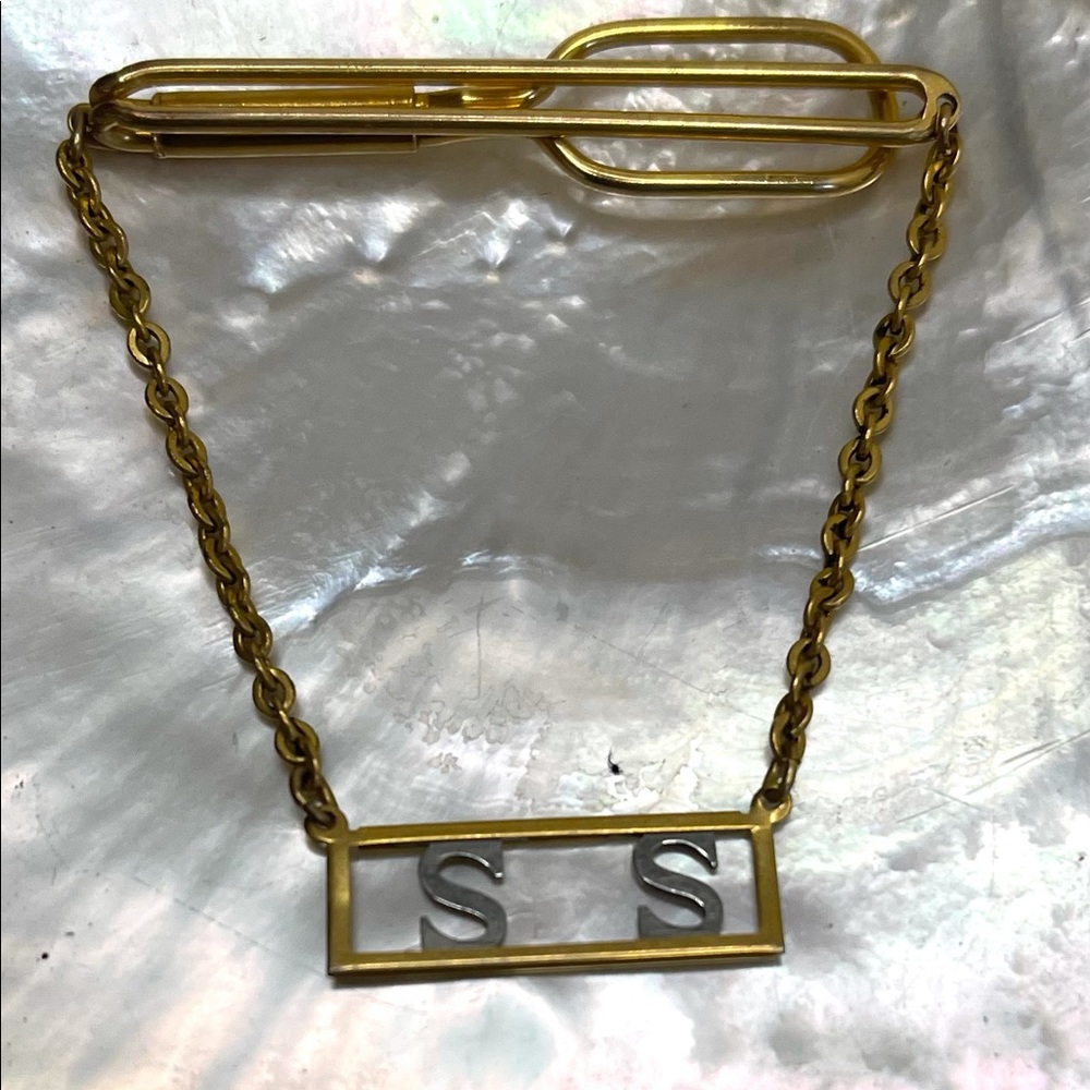 Vintage Swank Tie Clip And Chain -Monogrammed Ss - Gem